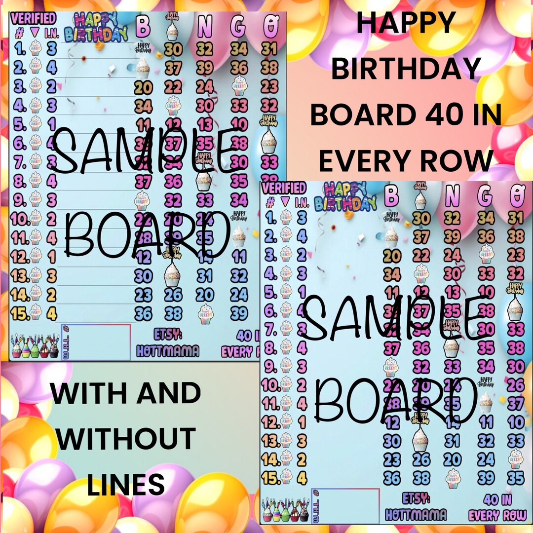40 in Every Row Happy Birthday Bingo Board - Etsy