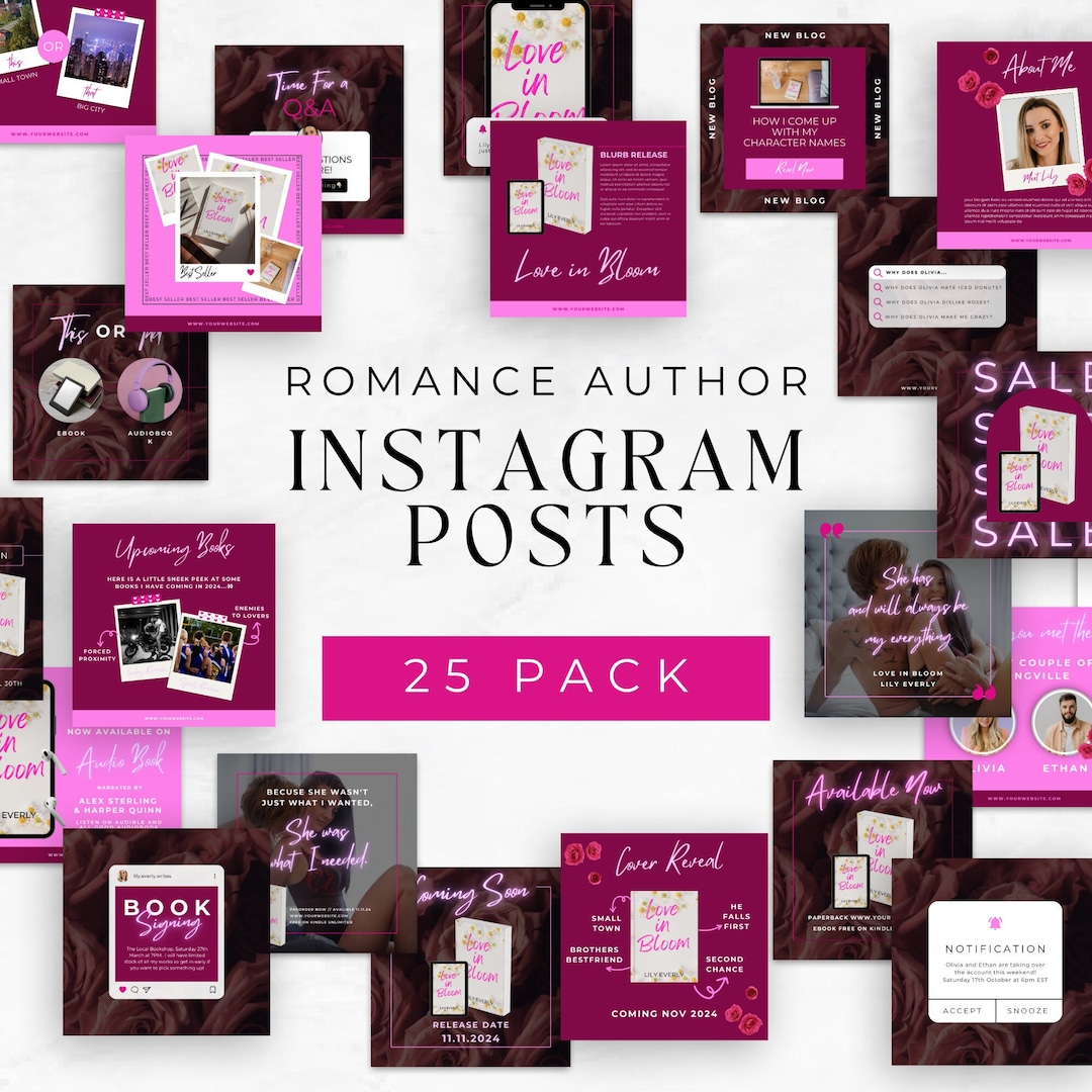 Romance Author Canva Template | 25 Instagram Posts for Romance Writers ...