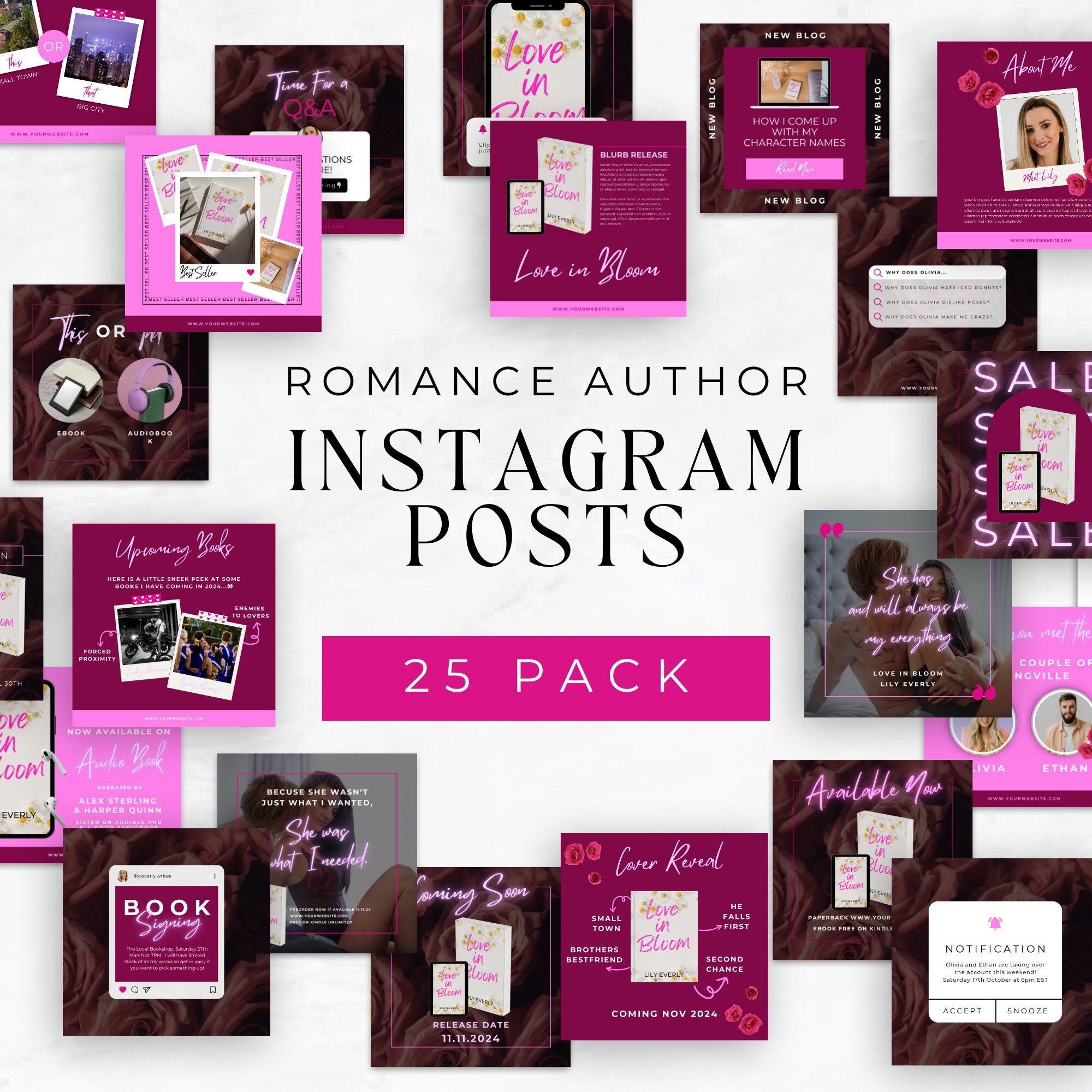 Romance Author Canva Template | 25 Instagram Posts for Romance Writers ...