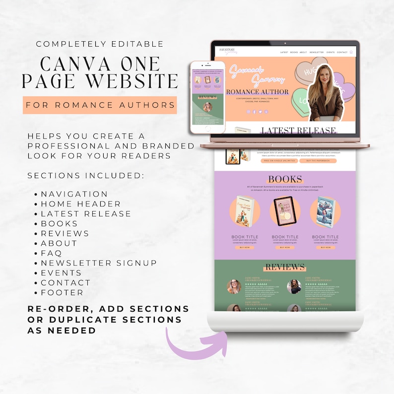 Canva Website Template for Romance Authors | Website Theme for Author ...