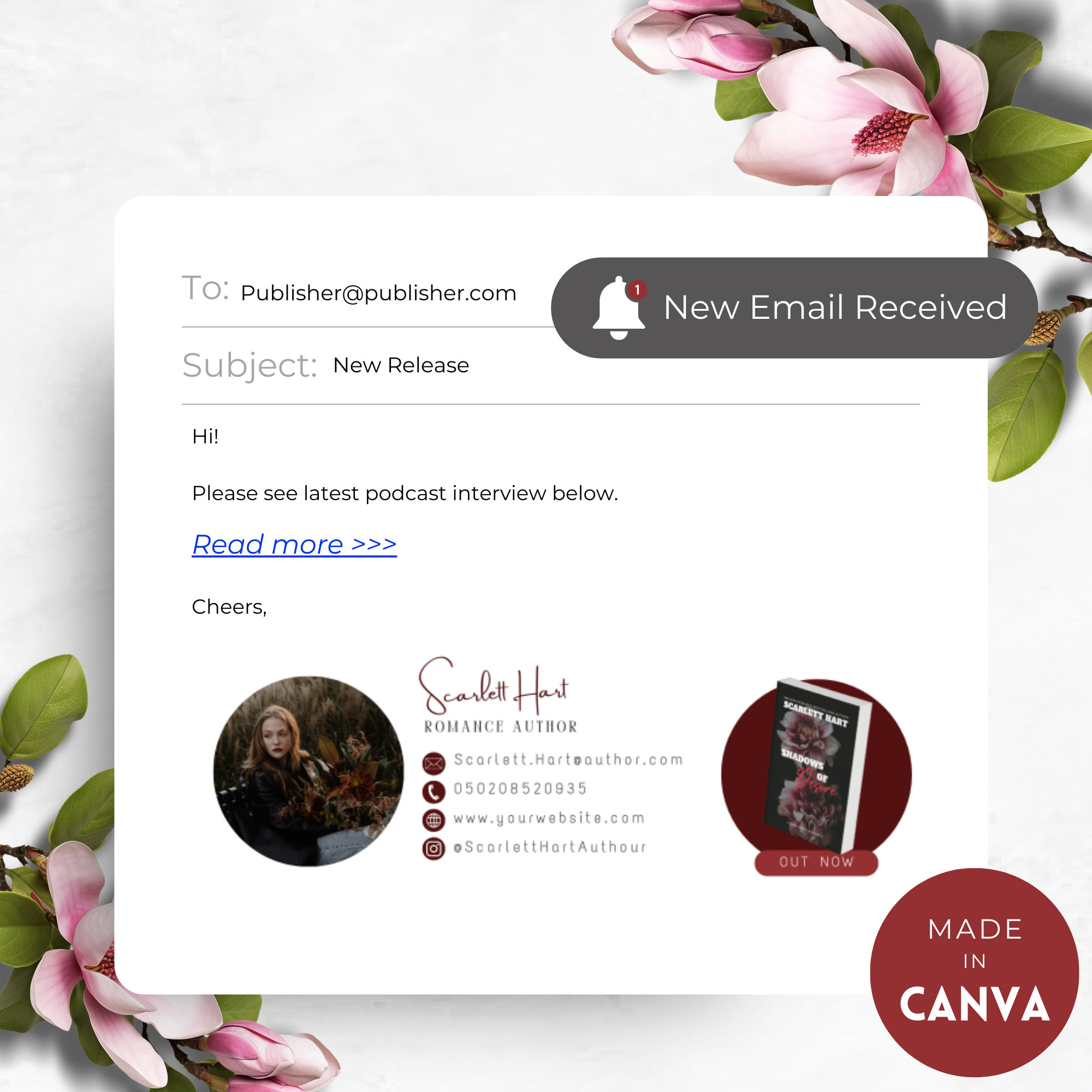 Romance Author Modern Email Signature | Canva Editable Email Design ...