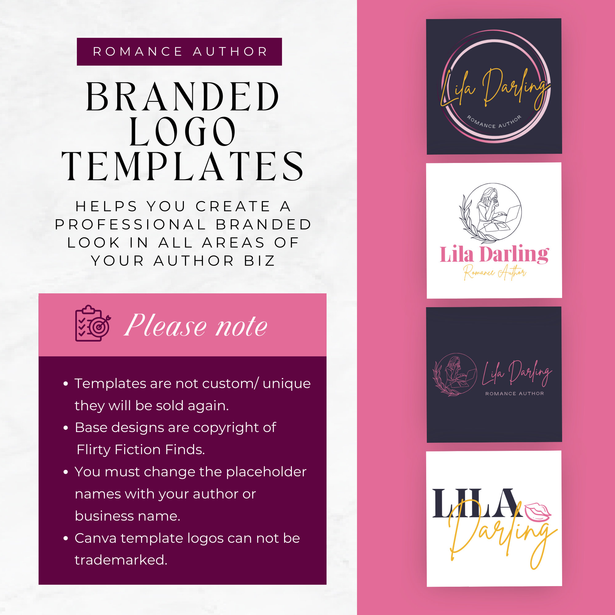Romance Author Branding Lux Logo Canva Editable Logo Premade Logo ...
