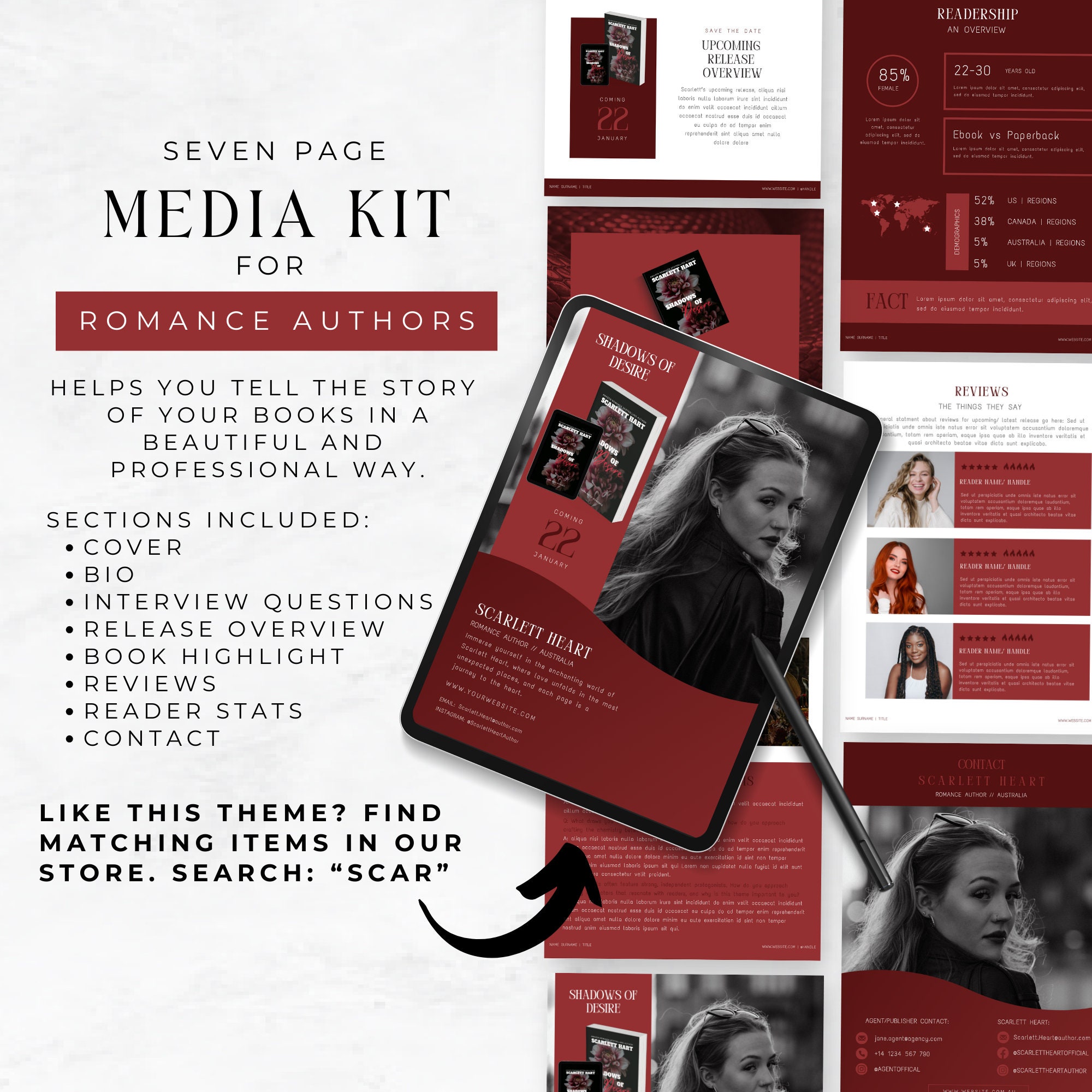 Author Media Kit Template Red | Dark Romance Author Canva | 7 Page ...