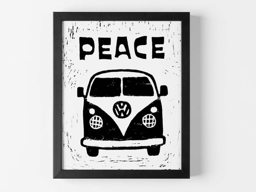 Peace Van VW Van Print 8 X 10 Hand Carved and Hand Pressed Black ...