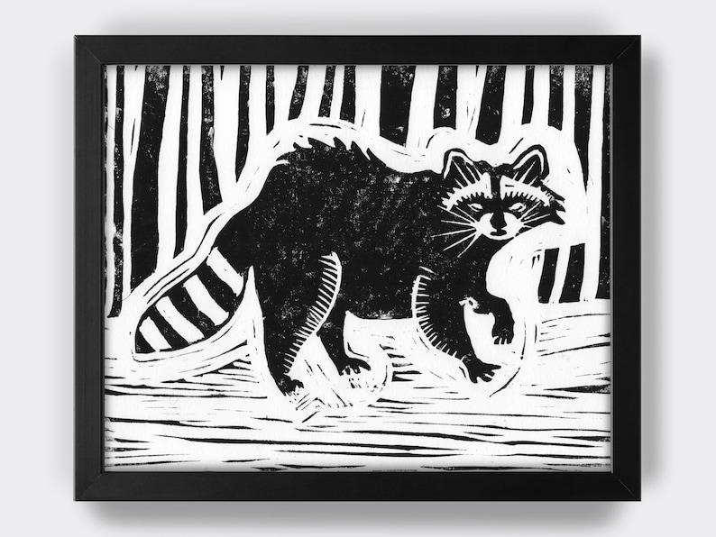 Raccoon Linocut Print: Black & White Forest Art (8x10) - Etsy