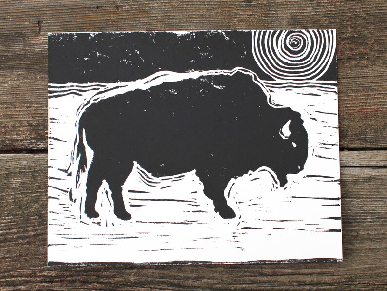 Buffalo - 8 X 10 Linocut Print - Hand Carved and Hand Pressed - Black ...