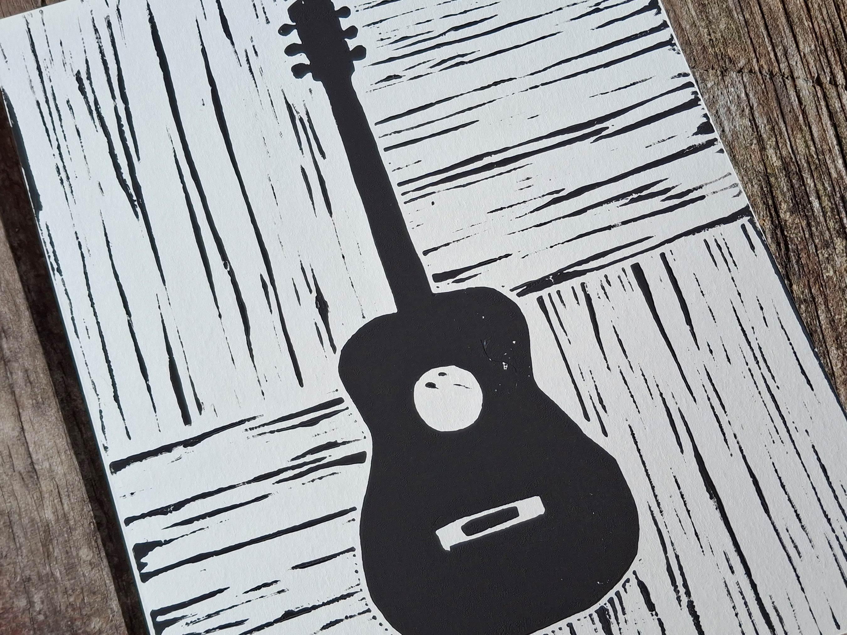 Acoustic Guitar Linocut Print: Hand-pressed Black & White Wall Art ...