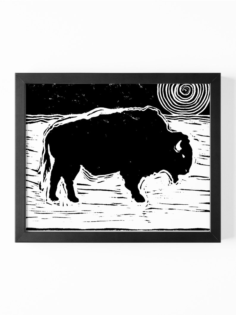 Buffalo 8 X 10 Linocut Print Hand Carved and Hand Pressed Black & White Wall Art Poster - Etsy