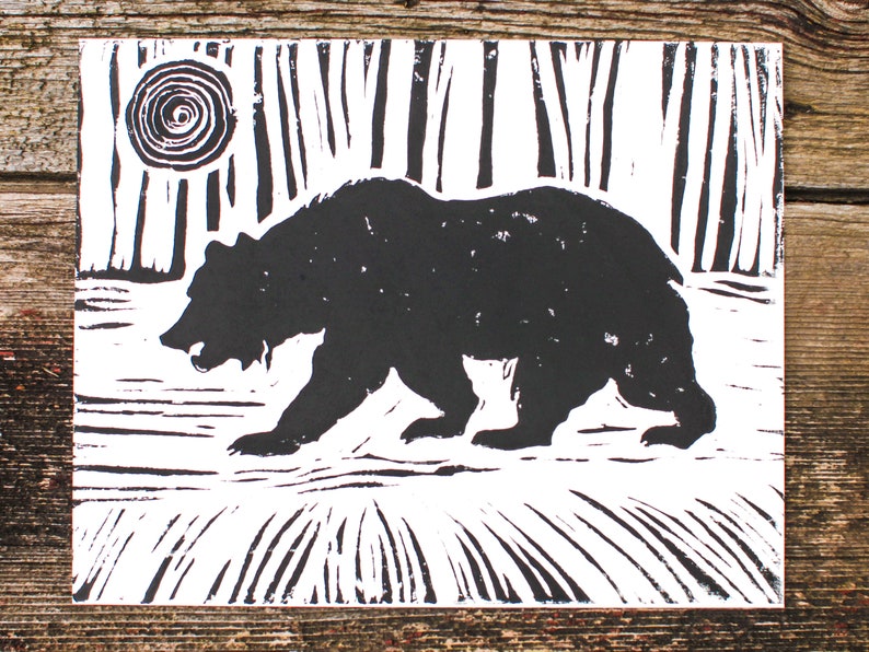 Bear 8 X 10 Linocut Print Hand Carved and Hand Pressed Black & White ...