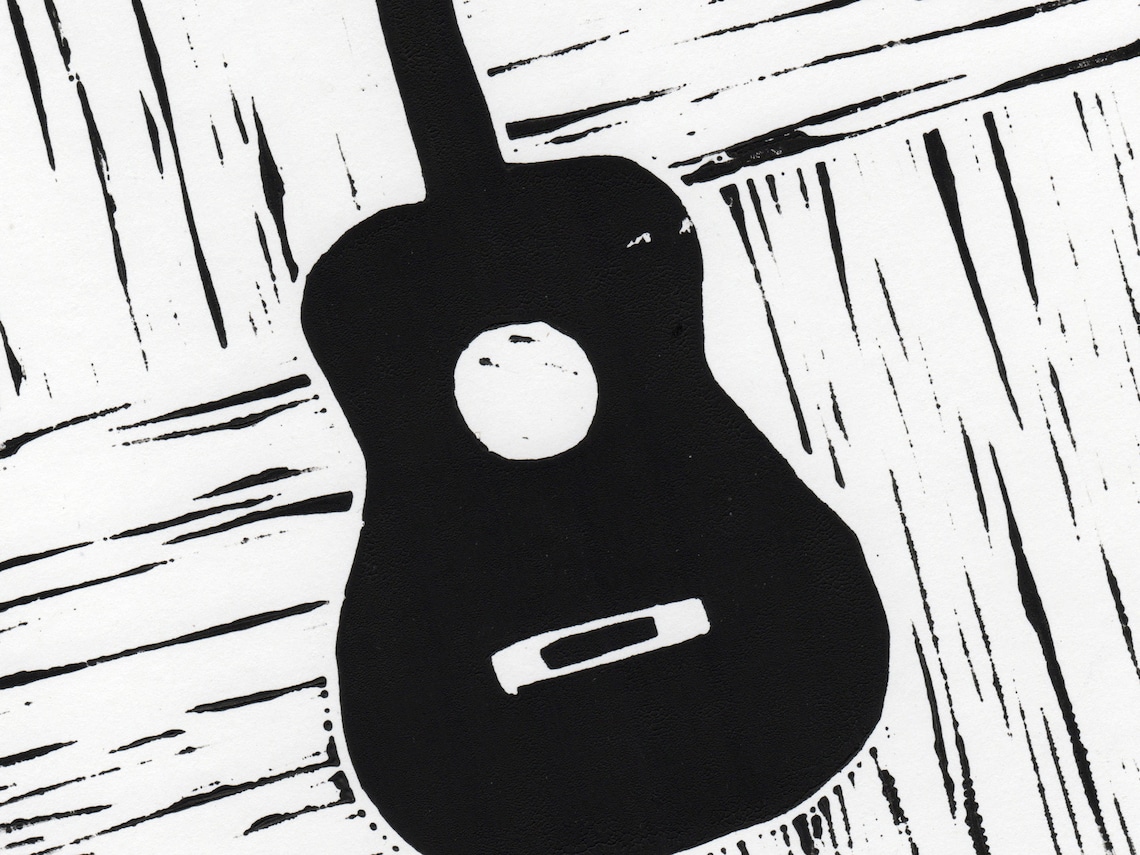 Acoustic Guitar Linocut Print: Hand-pressed Black & White Wall Art ...