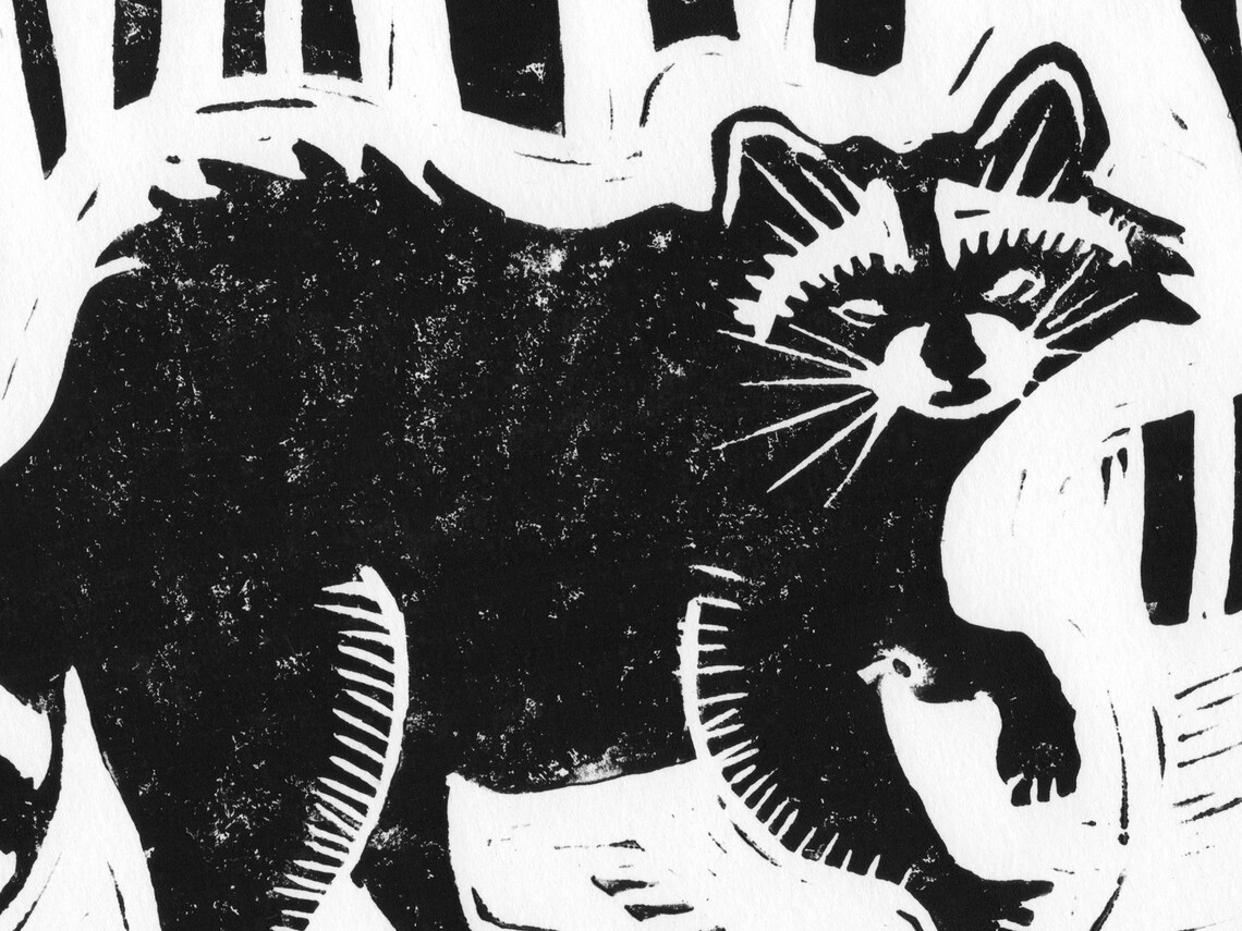 Raccoon Linocut Print: Black & White Forest Art (8x10) - Etsy