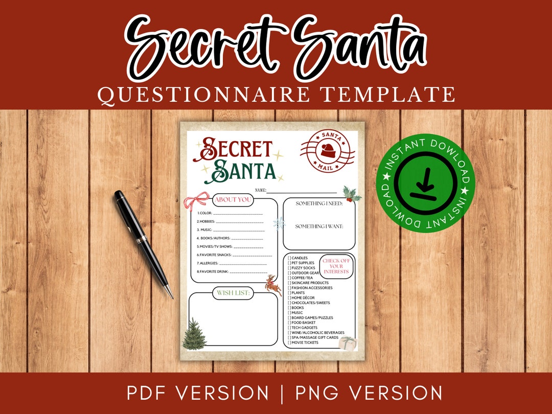 Secret Santa Questionnaire, Secret Santa Form, Secret Santa Printable ...