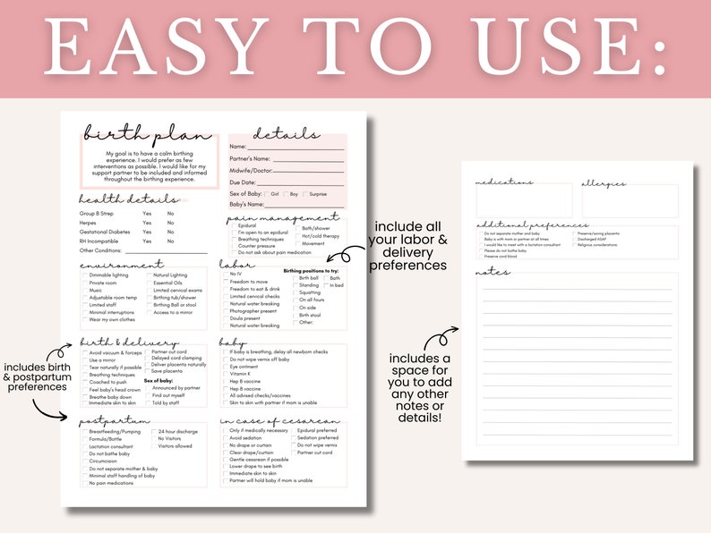 Birth Plan Template, Pregnancy Planner, Labor and Delivery, Natural ...