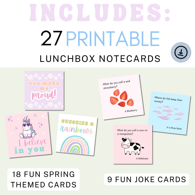 Printable Lunch Notes, Printable Affirmation Cards, Lunch Box Jokes ...