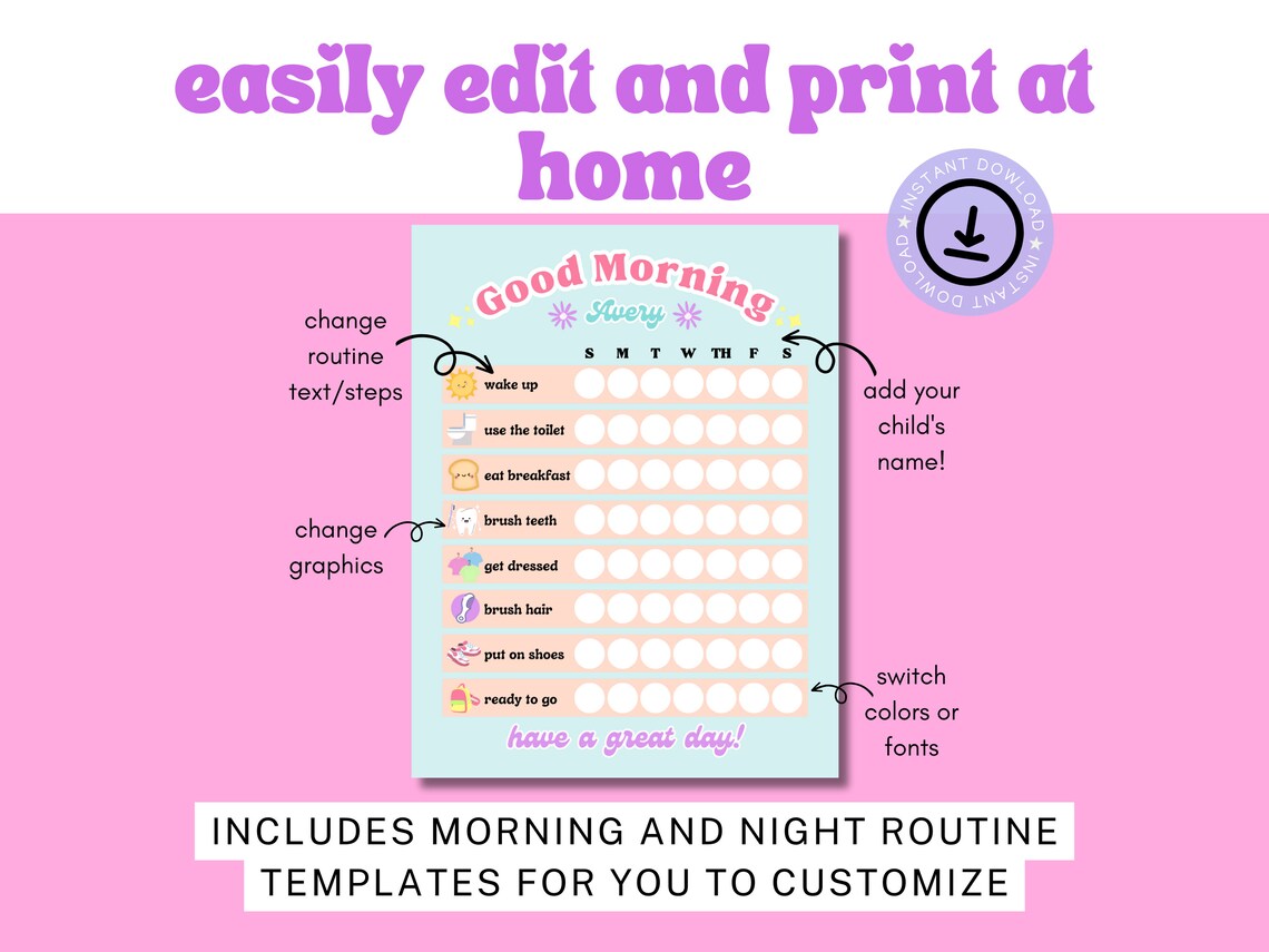 Morning Routine Chart, Bedtime Routine Chart, Daily Routine Chart, Kids ...