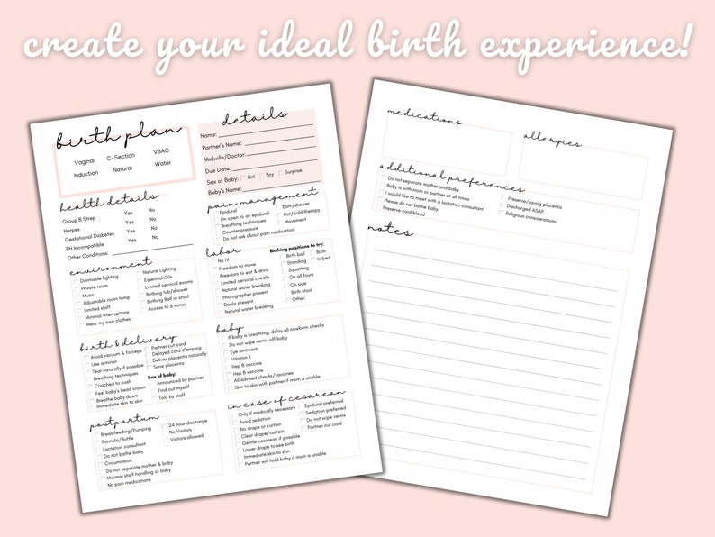 Birth Plan Template, Pregnancy Planner, Labor and Delivery, Natural ...