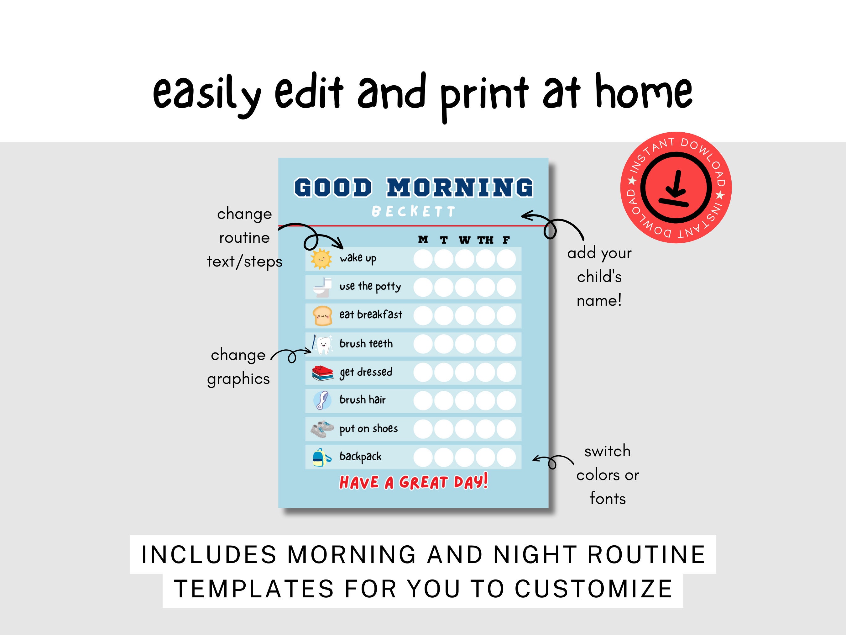 Daily Routine, Bedtime Routine Chart, Morning Routine, Printable Reward ...