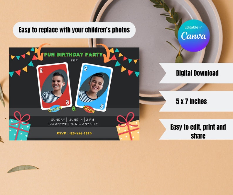 Uno Card Birthday Invitation for Twins Personalized Double Birthday ...