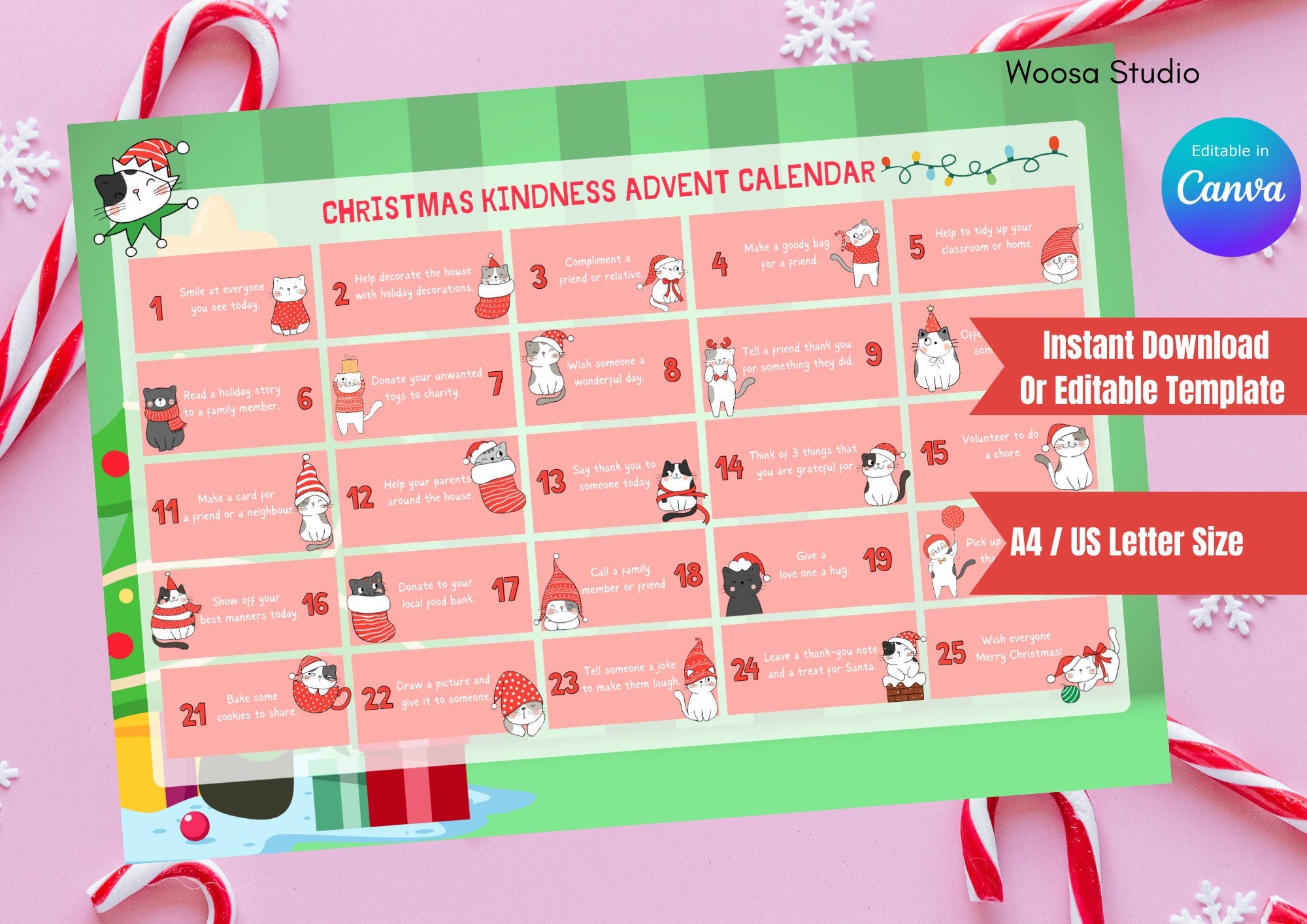 Editable Christmas Kindness Advent Calendar Cute Cat Xmas Advent ...