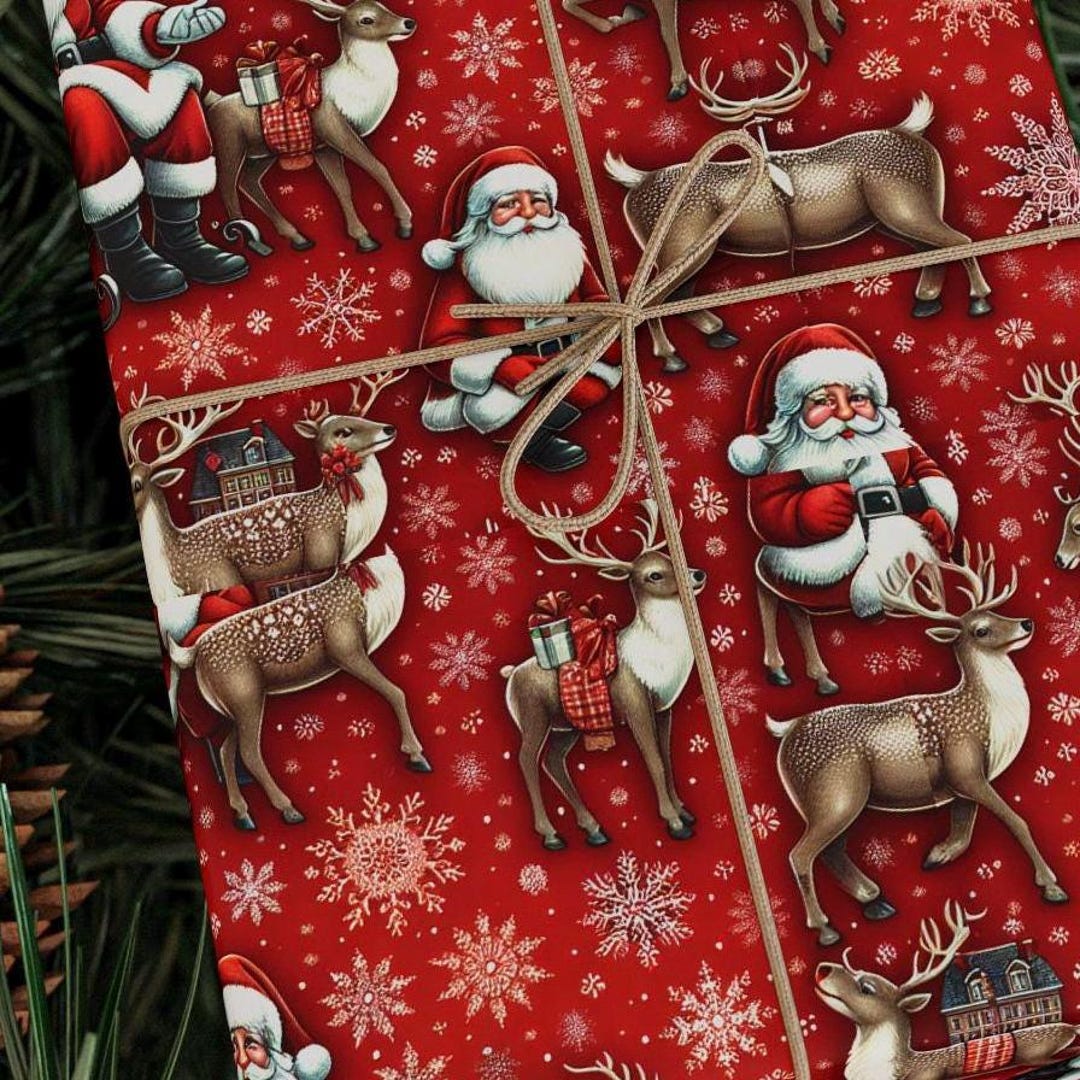 Santa Vintage Christmas Gift Red Wrapping Paper, Holiday Gift Wrapping ...