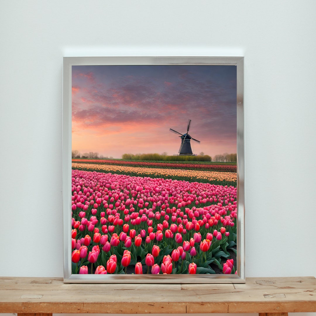Tulips Decor, Mill Print, Sunset Poster, Landscape Wall Art ...