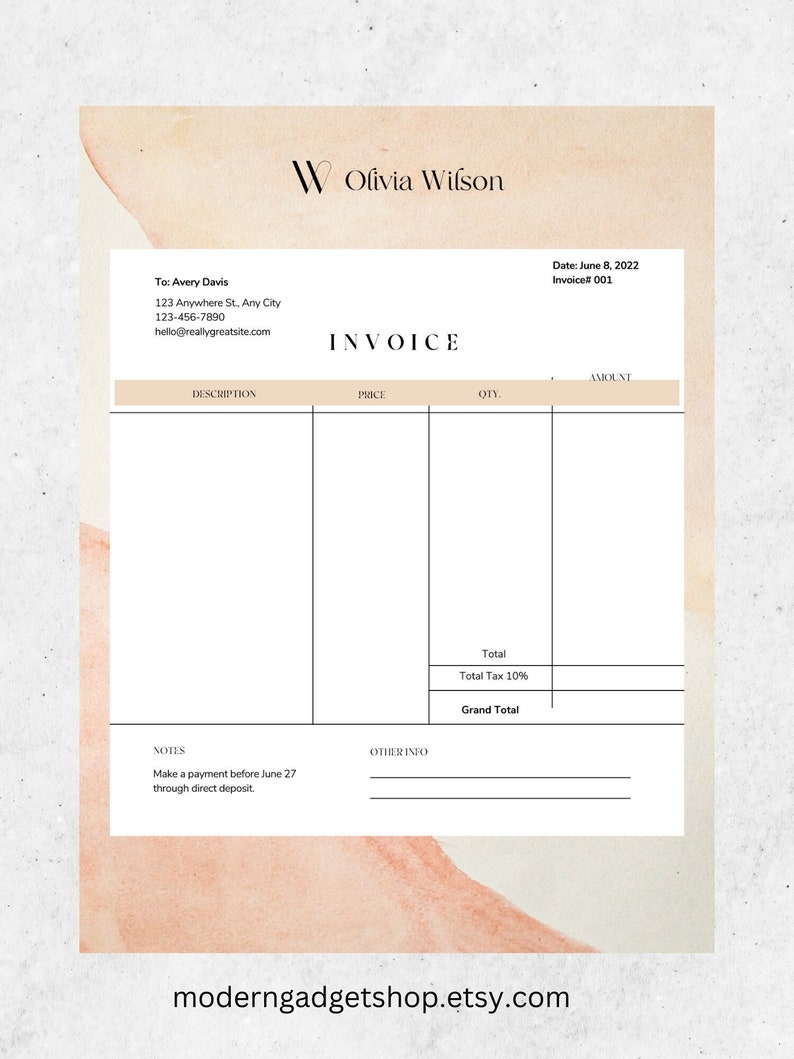 Printable Invoice Template Colorful . PDF Word Google Docs . Digital Printable File - Etsy