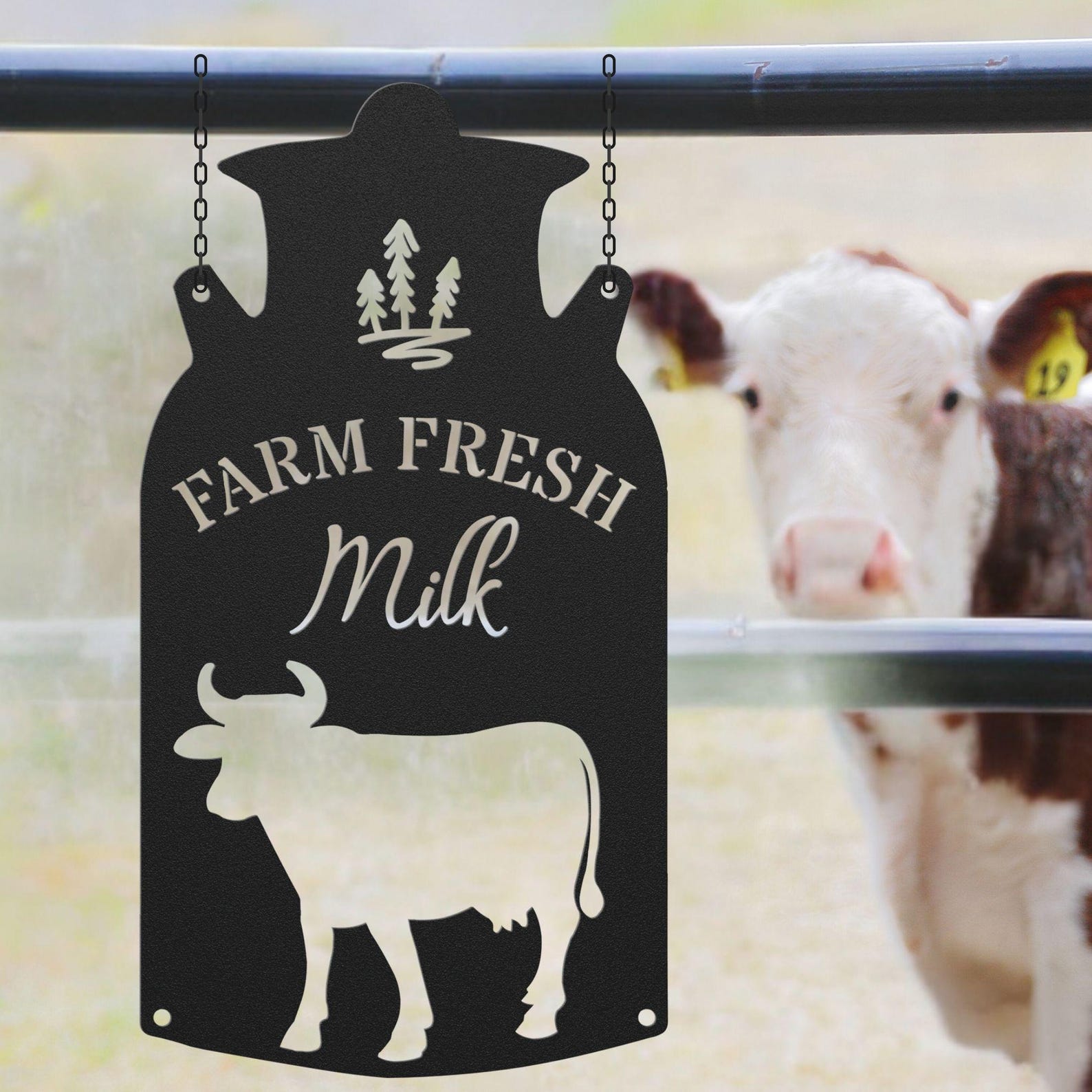 Farm Fresh Milk Dairy Farm Metal Sign, Milk Can Design, Durable Cow ...
