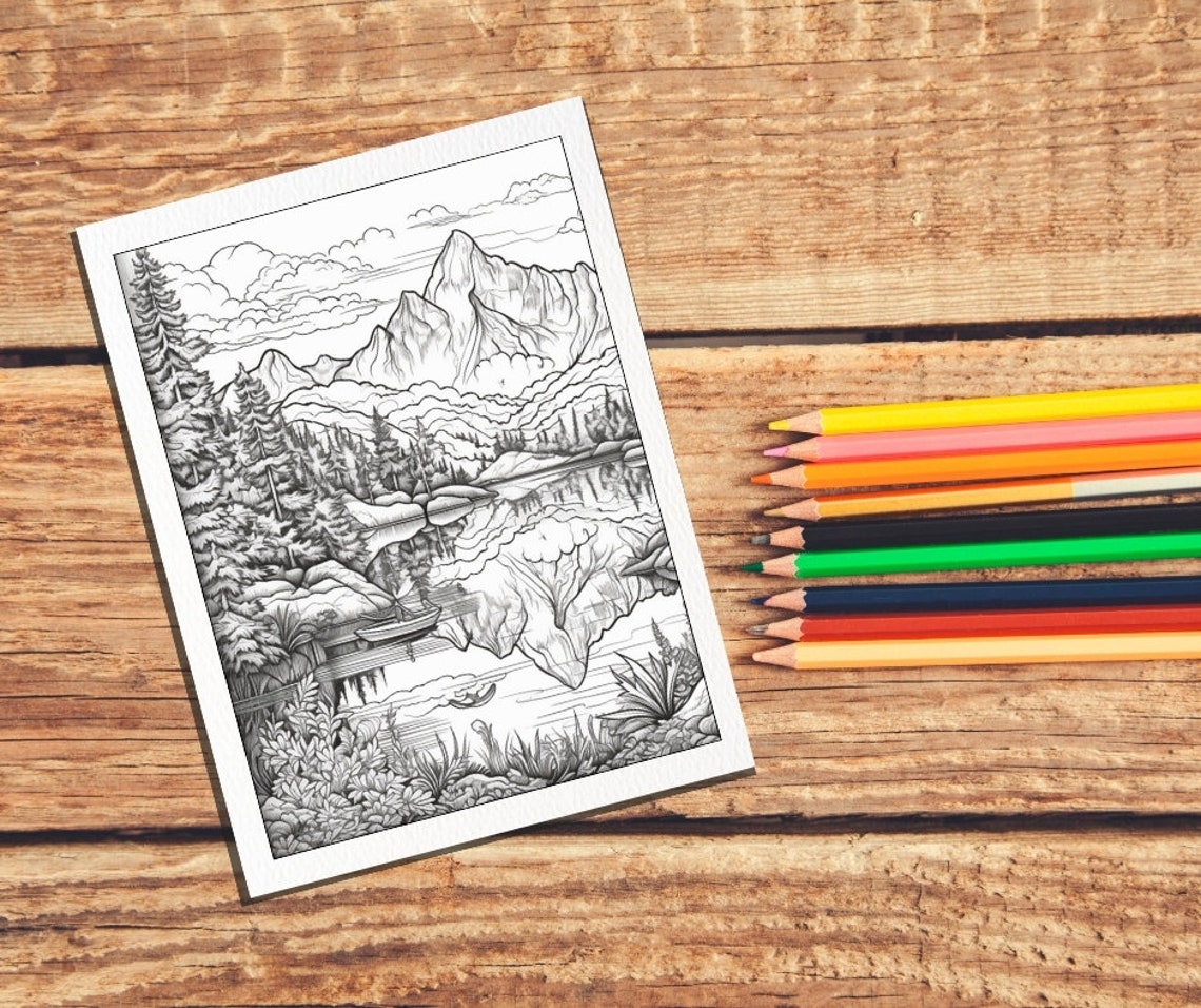Digital Art PDF Beautiful Landscape Rustic Lakeside Adult Coloring Book ...