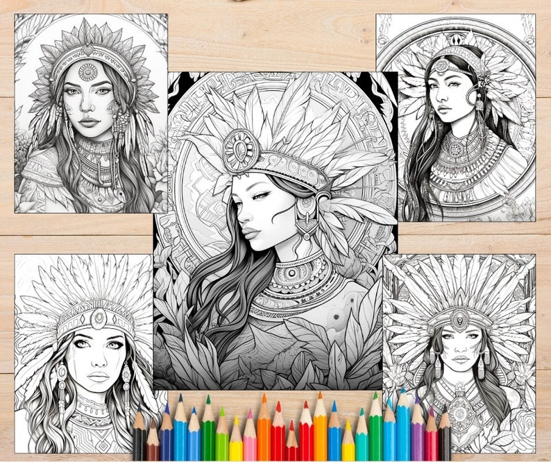 Beautiful Native American Indian Woman, Grayscale Coloring Page ...