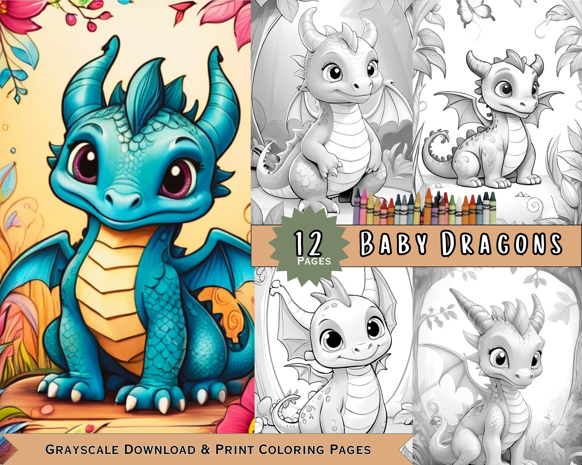 Digital Baby Woodland Dragons Coloring Book Pages Digital Download ...