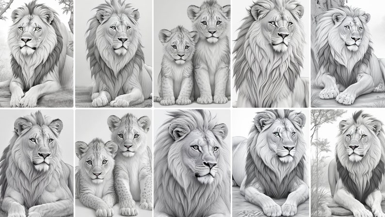 Digital Art Lion Pride Animal Portrait Adult Coloring Book Instant ...