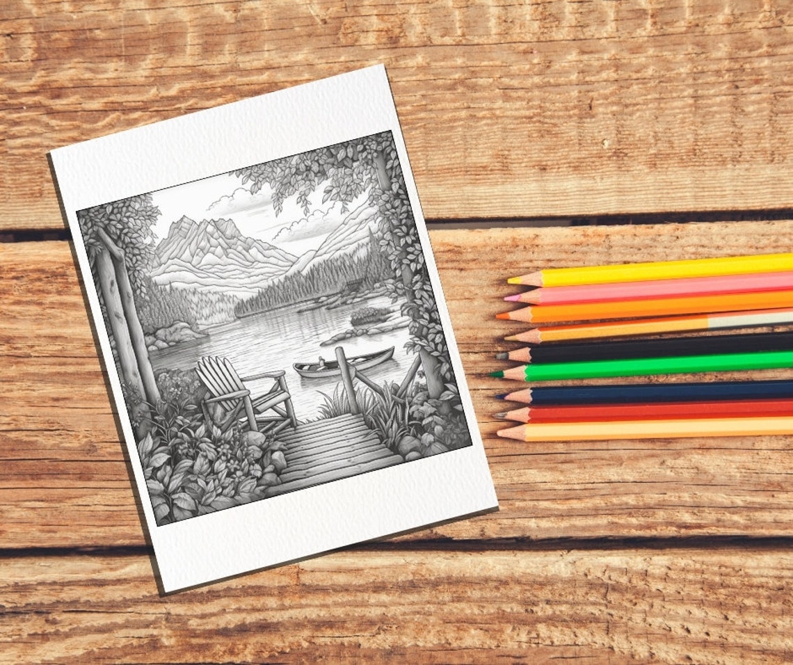 Digital Art PDF Beautiful Landscape Rustic Lakeside Adult Coloring Book ...