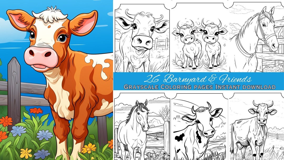 26 Barnyard Friends Grayscale Coloring Pages for Kids and - Etsy