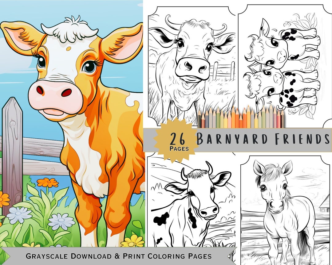 Digital Art Cute Animal Cow Barnyard Friends Kids Coloring Book Pages ...