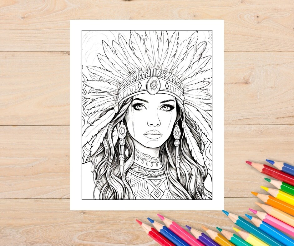 Digital Art PDF Beautiful Native American Indian Woman Coloring Book ...