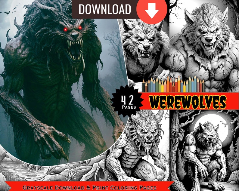 Horror Digital Printable Art Werewolf Digital Coloring Book Pages ...