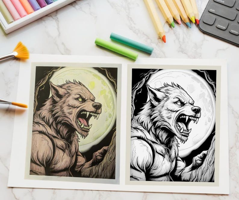 Horror Digital Printable Art Werewolf Digital Coloring Book Pages ...