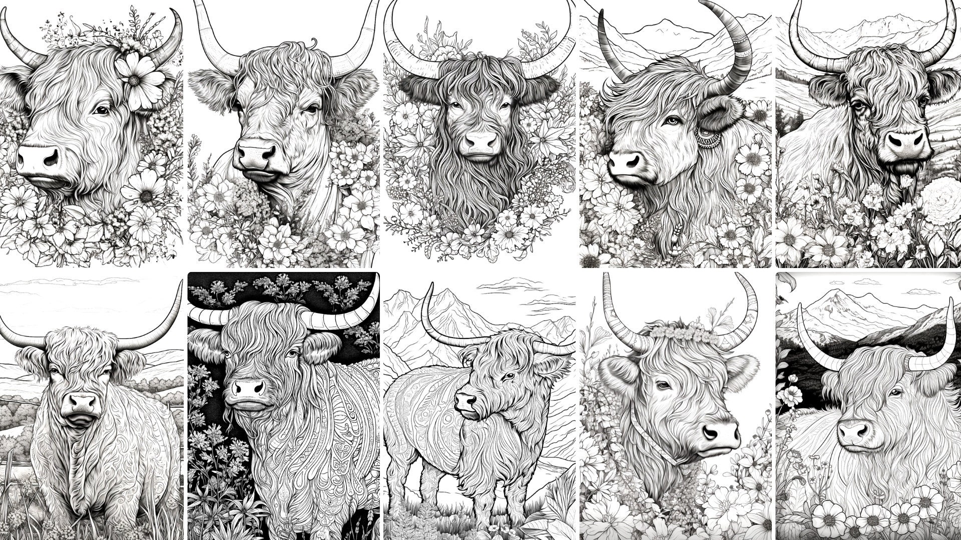 Digital Art PDF Rustic Highland Cows Coloring Book/page, Adults ...