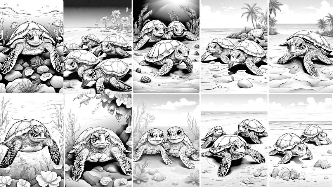 Digital Art Sea Turtles Vol 2 Adult Coloring Book Pages Instant ...