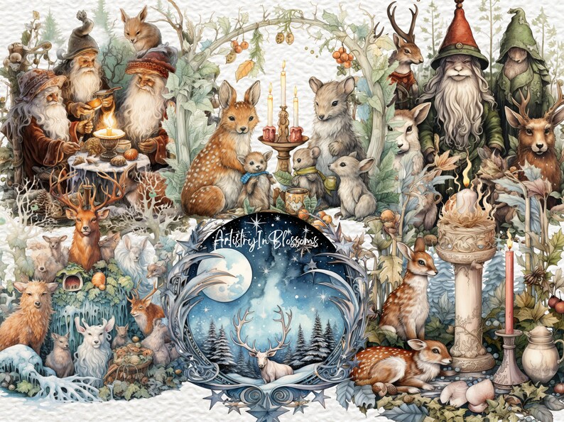 Watercolor Yule Clipart, Christmas Clipart, Winter Solstice Clipart ...