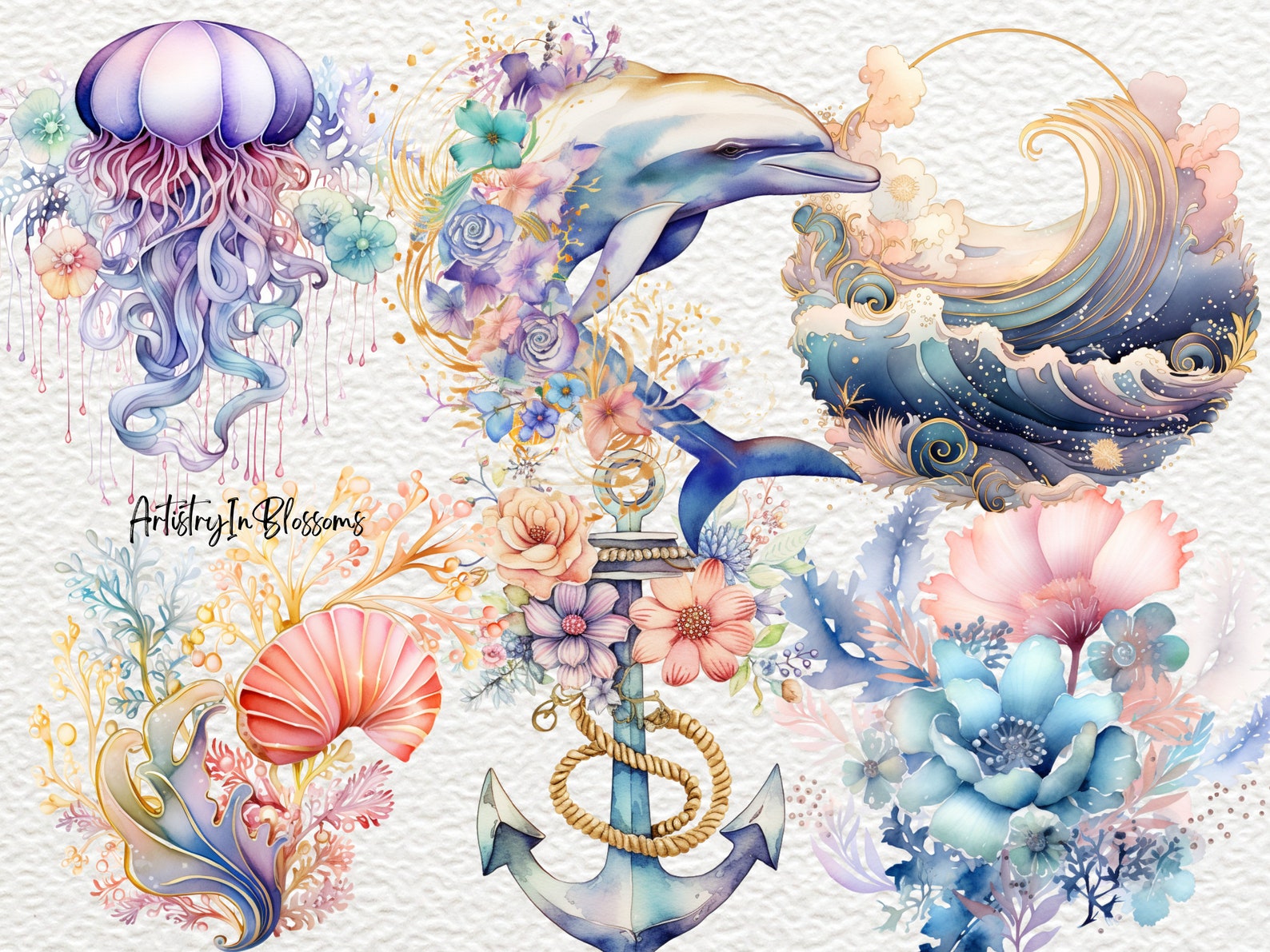 Watercolor Nautical Clipart, Under the Sea, Nautical Png, Marine ...