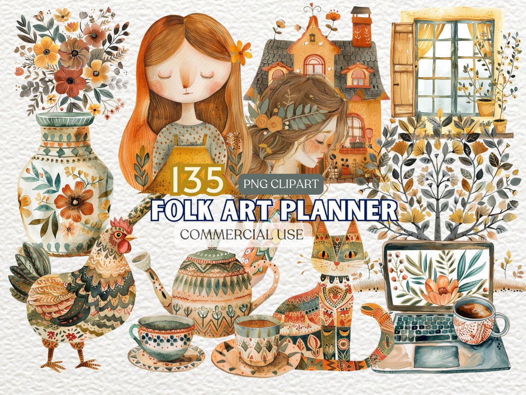 Watercolor Folk Art Planner, Watercolor Folk Art Clipart, Folk Art ...