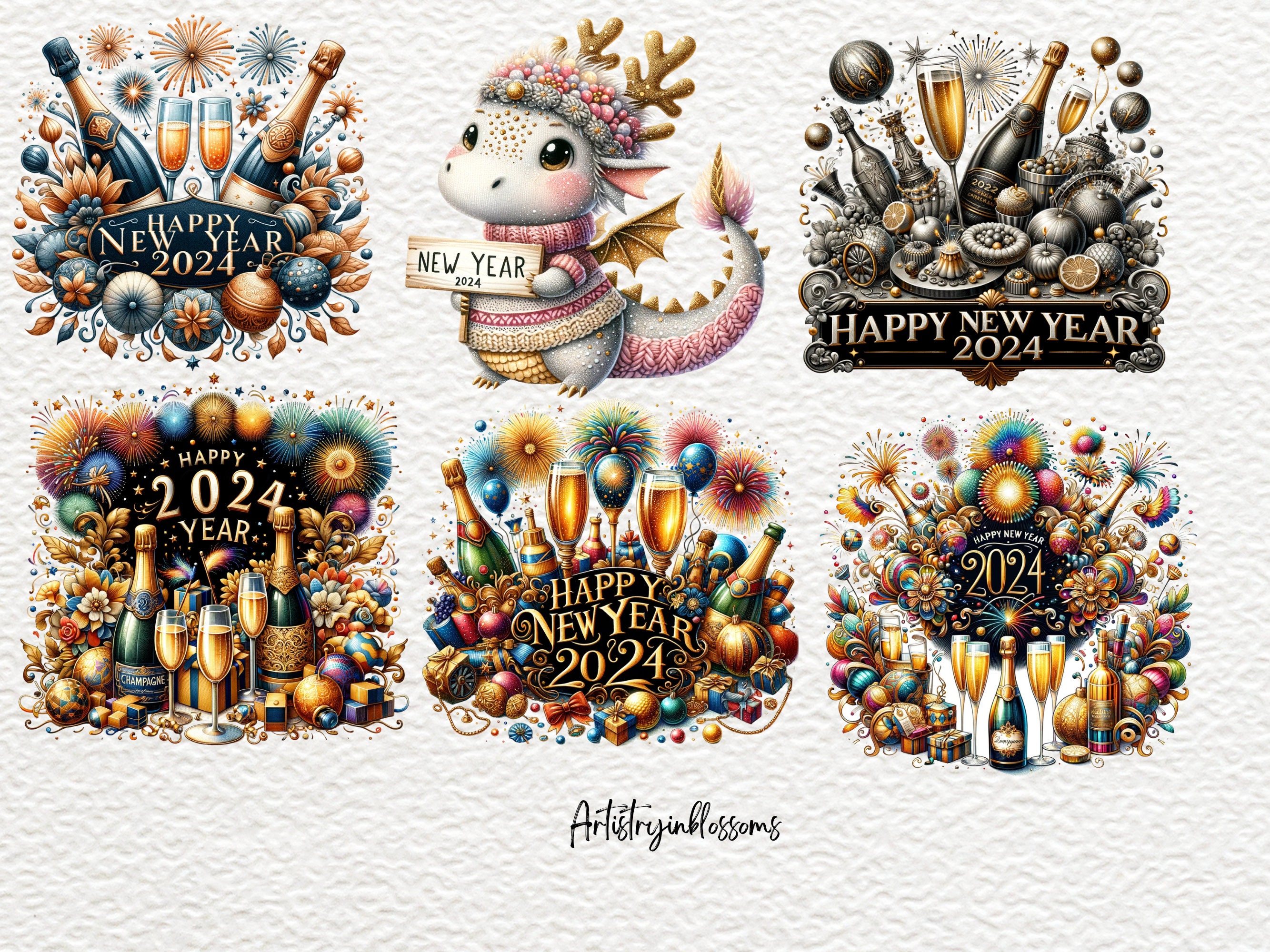 Happy New Year Watercolor Clipart, Nye Clipart, New Year Elements, New ...