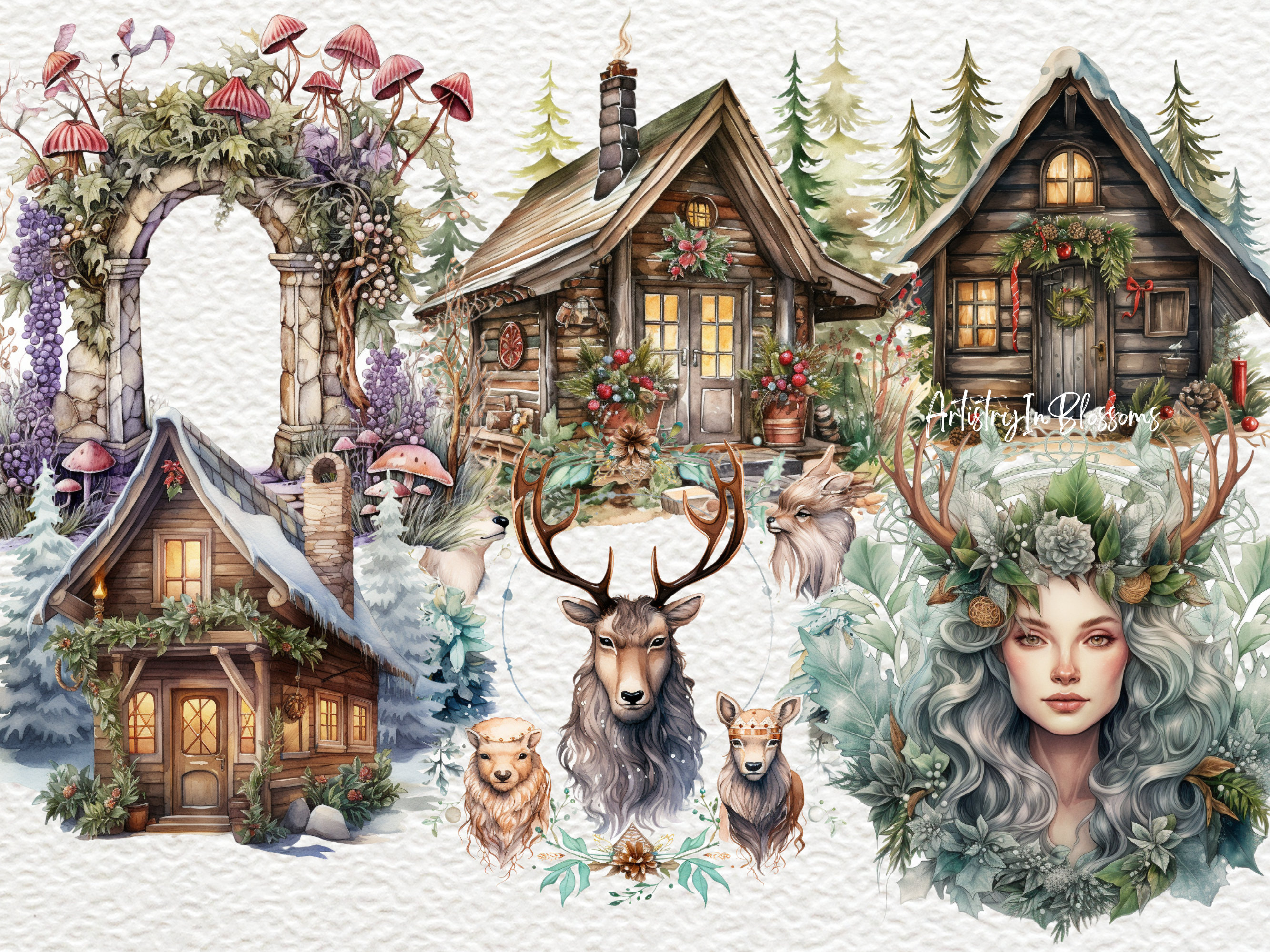 Watercolor Yule Clipart, Christmas Clipart, Winter Solstice Clipart ...