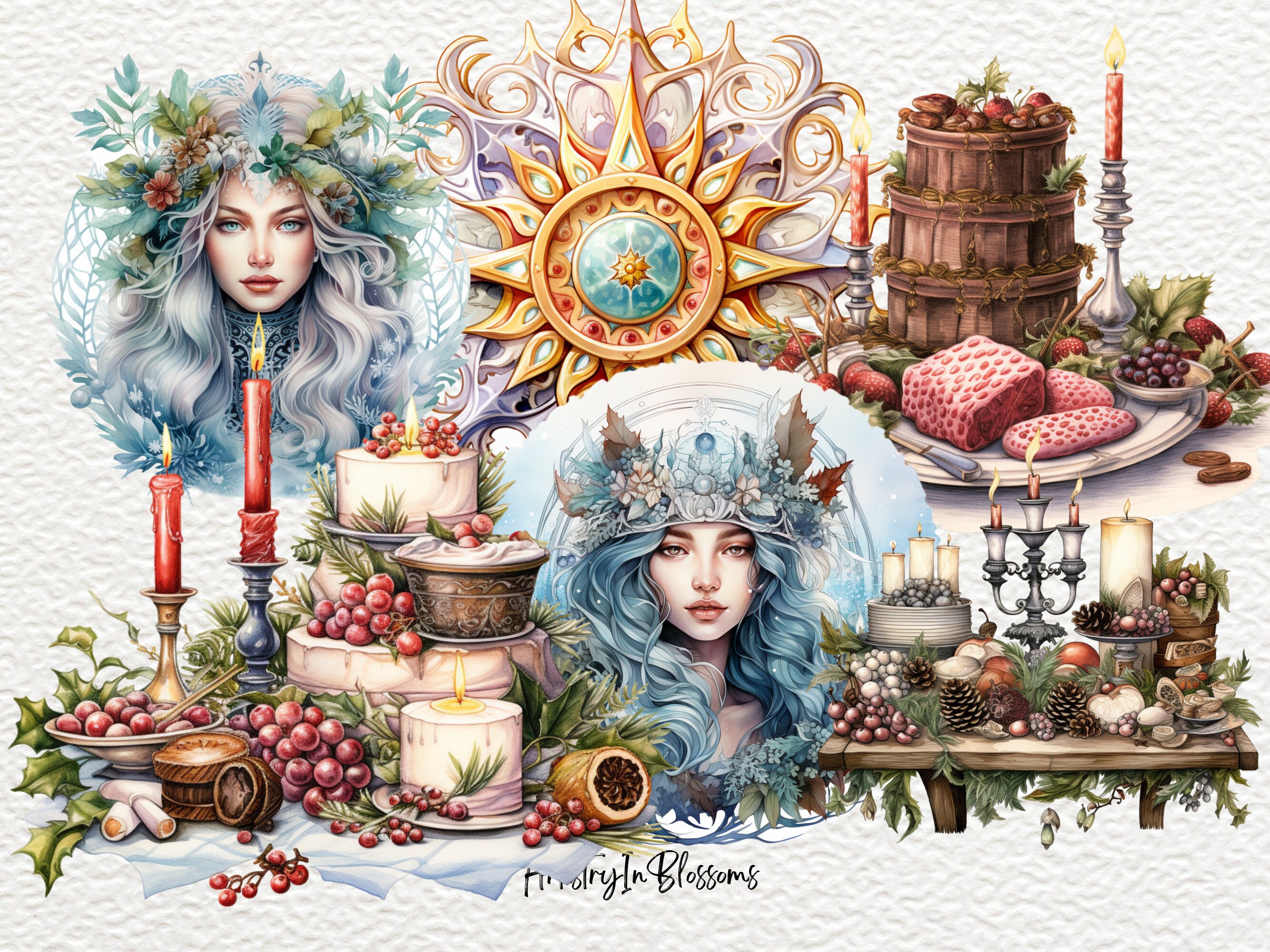 Watercolor Yule Clipart, Christmas Clipart, Winter Solstice Clipart ...