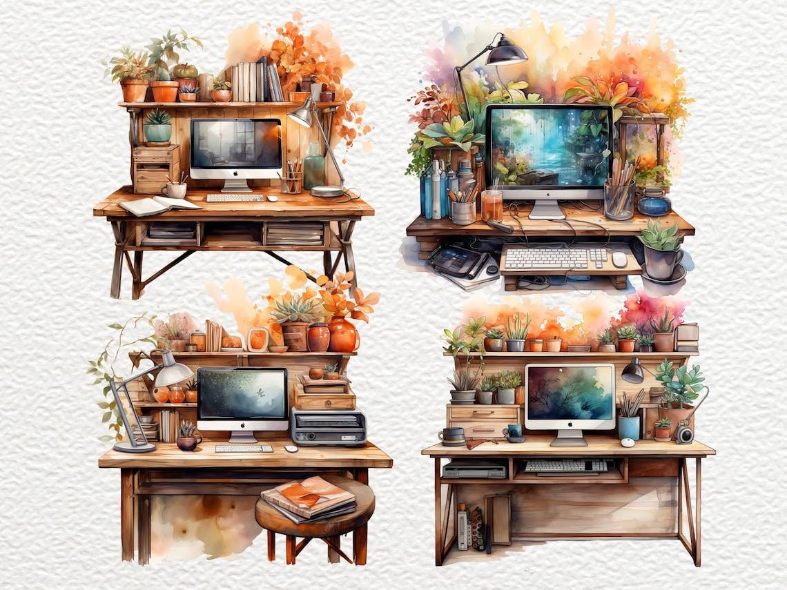 Watercolor Desk With Computer Clipart Watercolor Office - Etsy