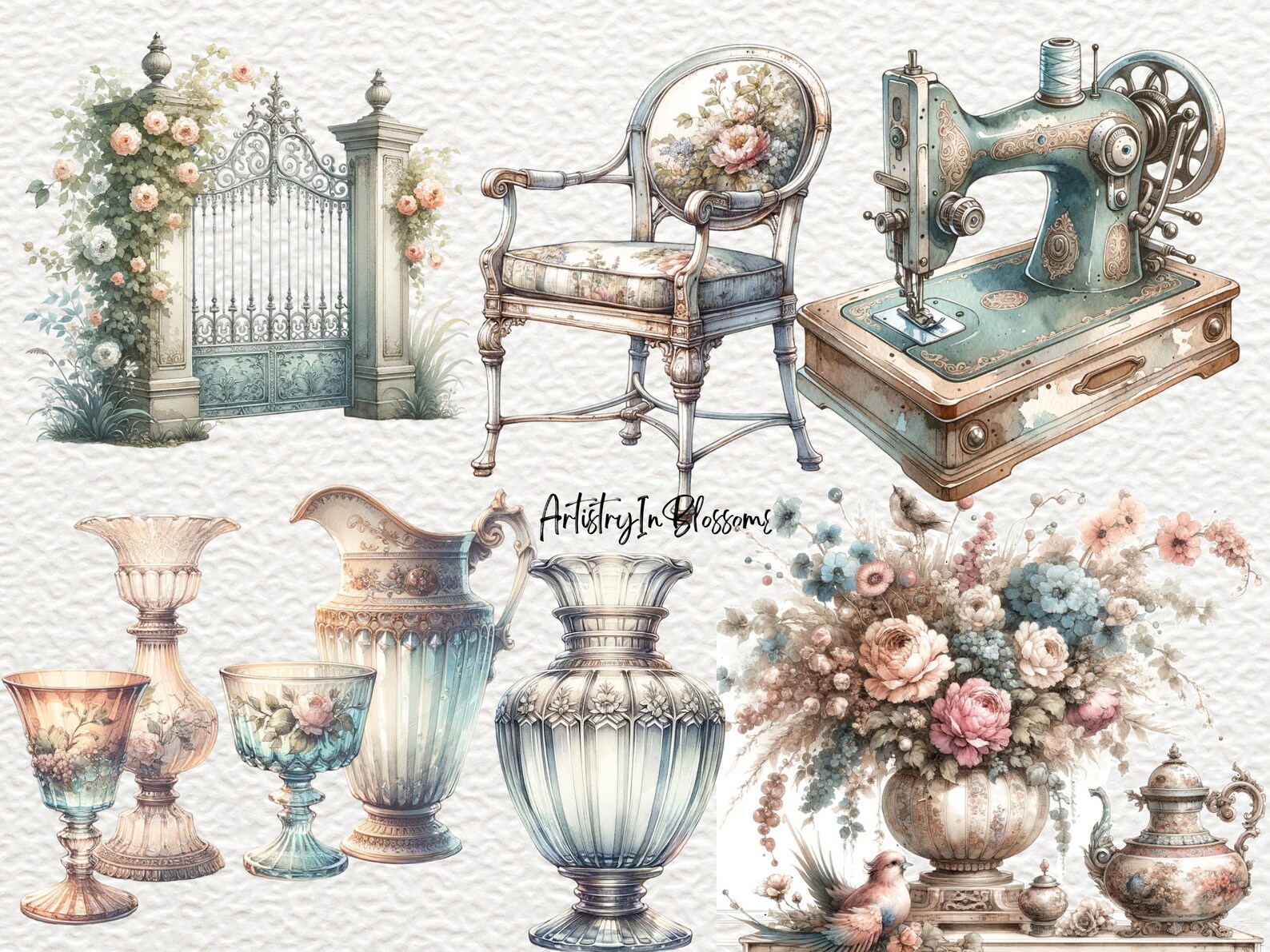 Watercolor Vintage Shabby Chic Clipart, Watercolor Sewing Clipart ...