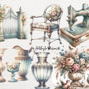 Watercolor Vintage Shabby Chic Clipart, Watercolor Sewing Clipart ...