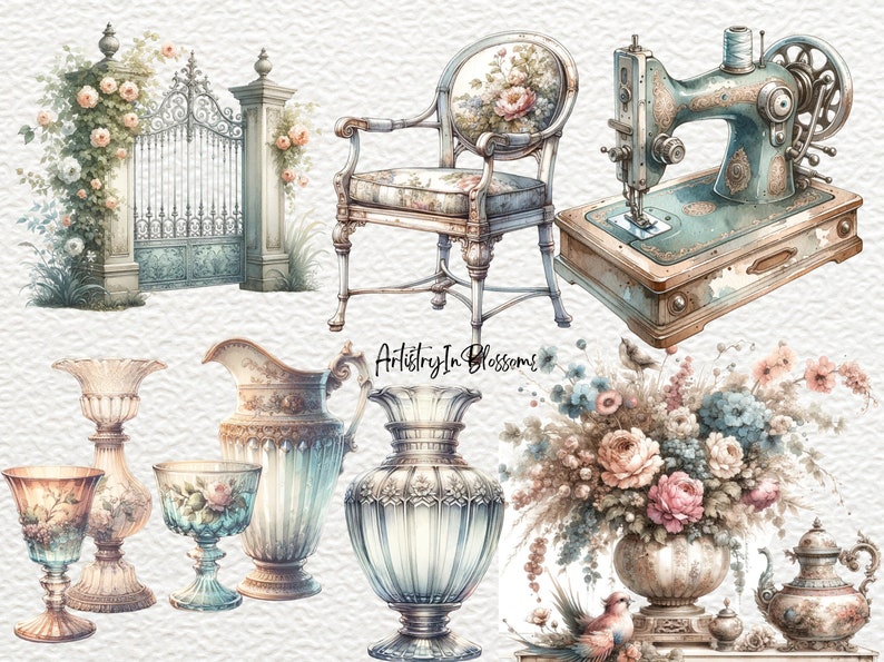 Watercolor Vintage Shabby Chic Clipart, Watercolor Sewing Clipart ...