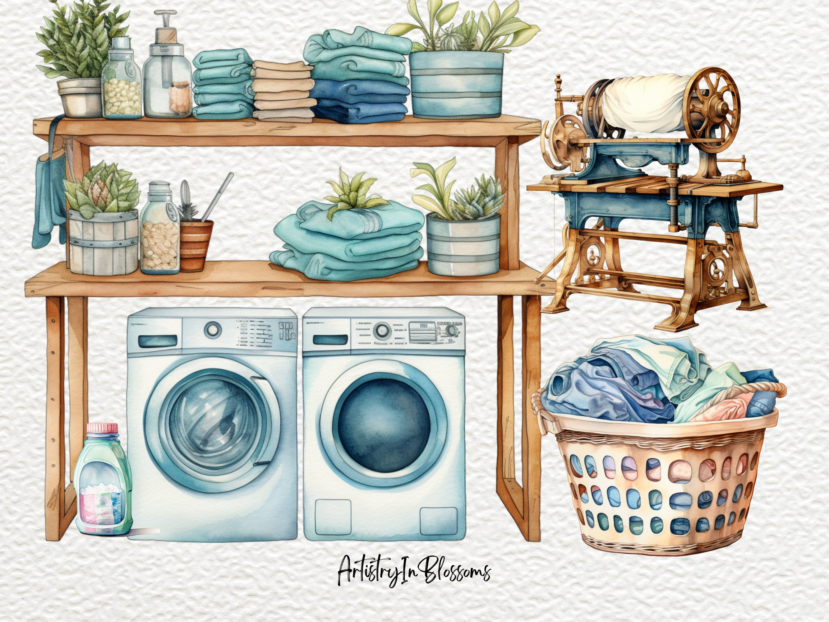 Watercolor Laundry Day Clipart, Housework Clipart, Laundry Png ...